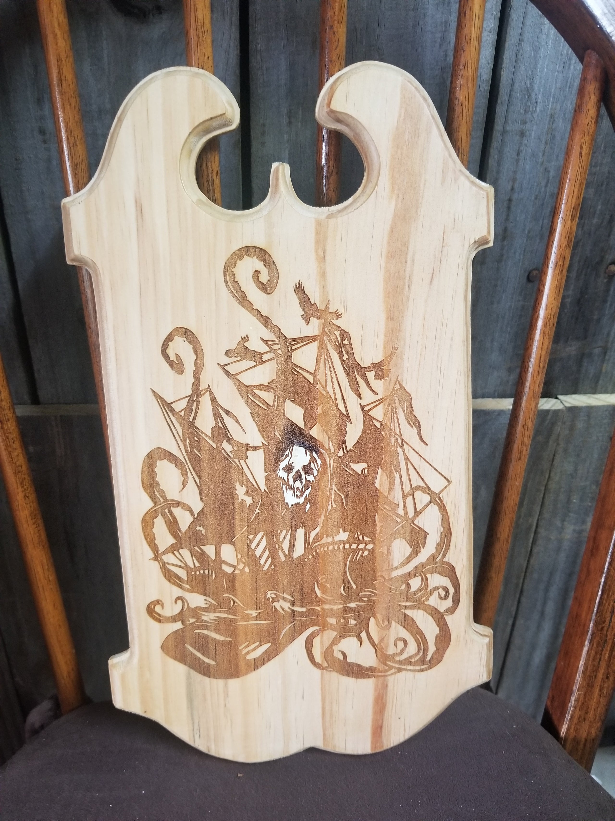 Kraken Pirate Ship Engraved on Tavern Plaque | Loftis Woodworking
